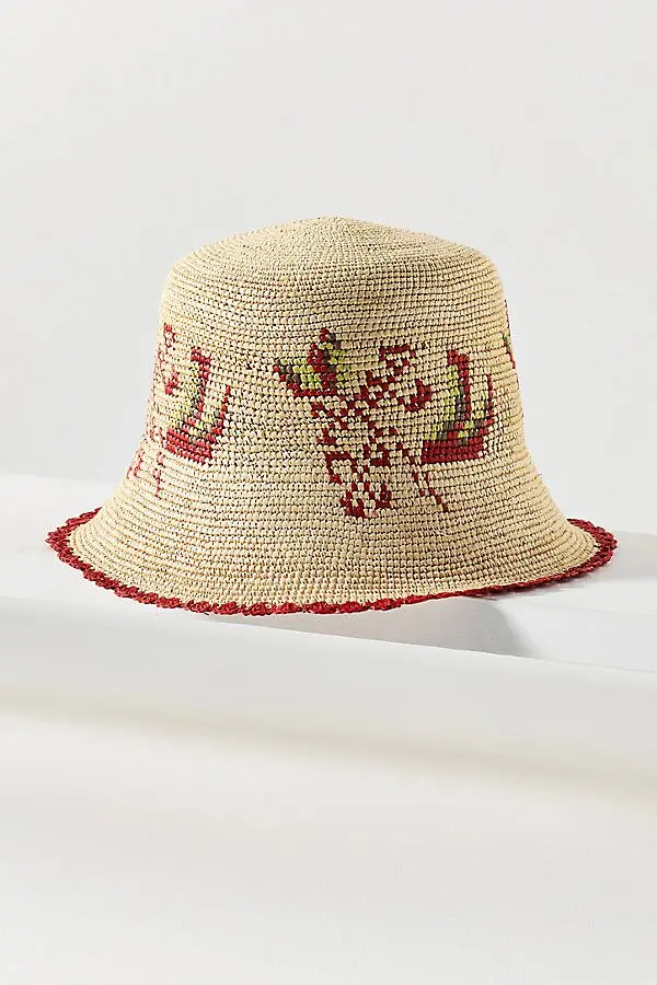 Freya Calla Embroidered Straw Bucket Hat - Natural