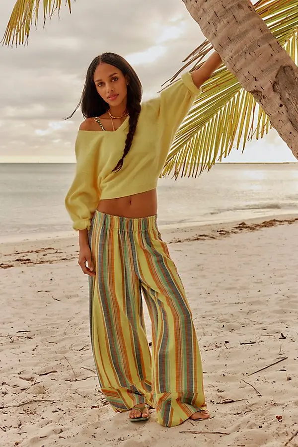 Free People Day's End Cotton-linen Striped Pants - Butter Yellow Combo
