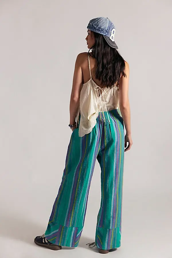 Free People Day's End Cotton-linen Striped Pants - Kelly Green Combo