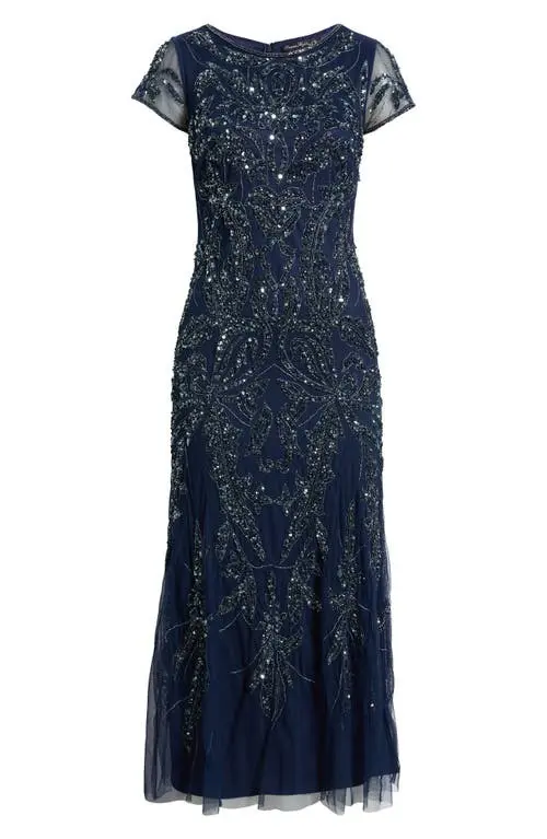 Pisarro Nights Beaded Mesh Midi Cocktail Dress - Navy