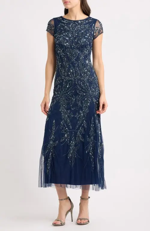 Pisarro Nights Beaded Mesh Midi Cocktail Dress - Navy