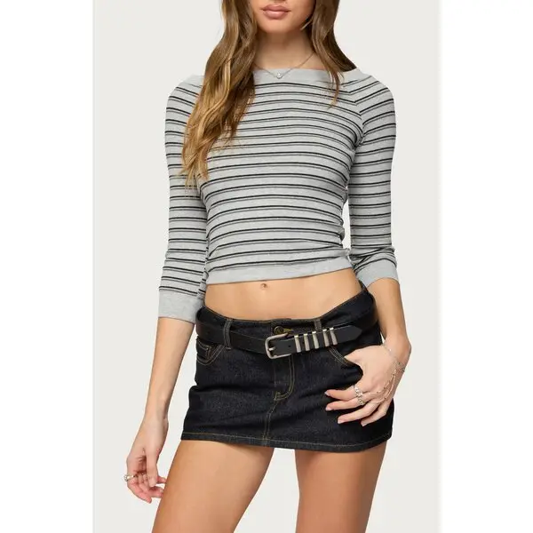 EDIKTED Striped Boat Neck Crop Top
