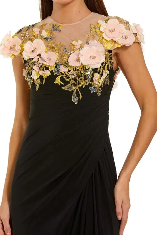 Mac Duggal Jersey Column Gown With Floral Embellishments