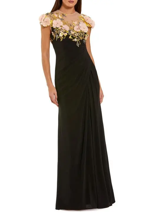 Mac Duggal Jersey Column Gown With Floral Embellishments - Black Multi
