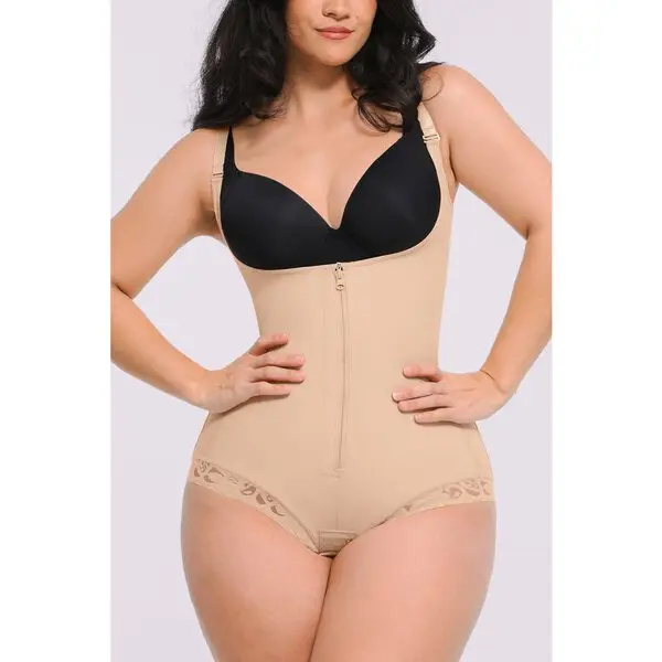 SHAPELLX Airslim® Zipper Front Open Bust Brief Bodysuit - Pinkish Beige