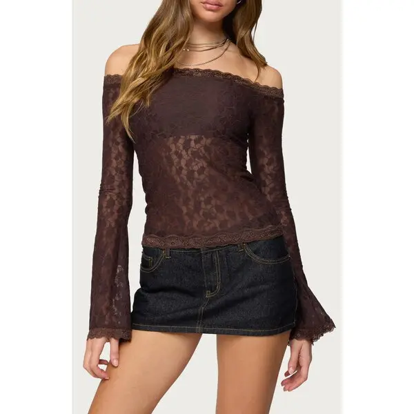 EDIKTED Off-the-shoulder Lace Top - Brown
