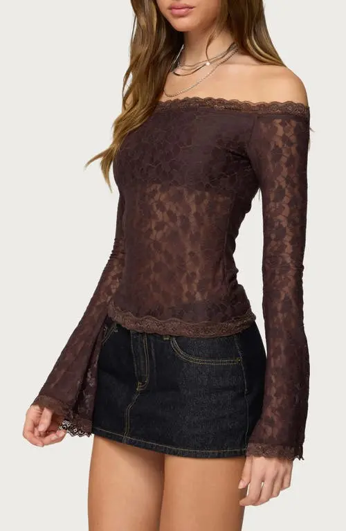 EDIKTED Off-the-shoulder Lace Top - Brown