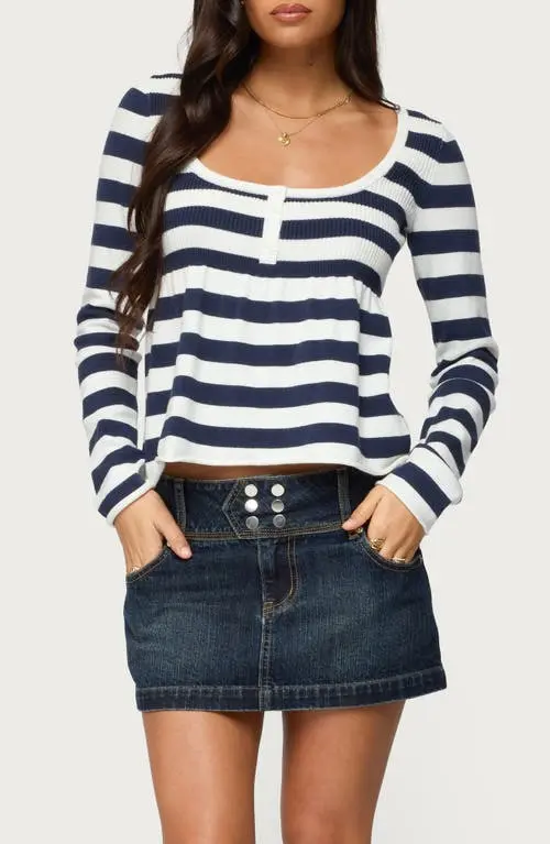 EDIKTED Lockie Stripe Knit Babydoll Top - Navy
