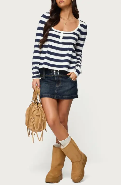 EDIKTED Lockie Stripe Knit Babydoll Top - Navy