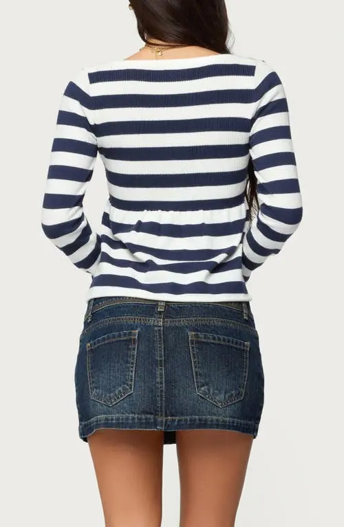 EDIKTED Lockie Stripe Knit Babydoll Top - Navy