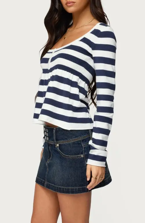 EDIKTED Lockie Stripe Knit Babydoll Top - Navy