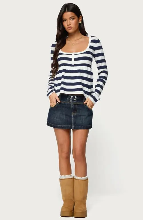 EDIKTED Lockie Stripe Knit Babydoll Top - Navy
