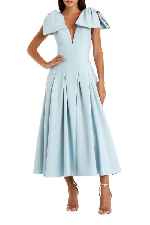 Mac Duggal Crepe A-line Midi Dress With Bow Straps - Ice Blue