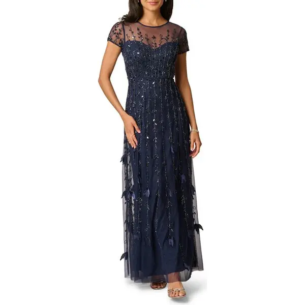 Adrianna Papell 3d Floral Beaded A-line Gown - Navy