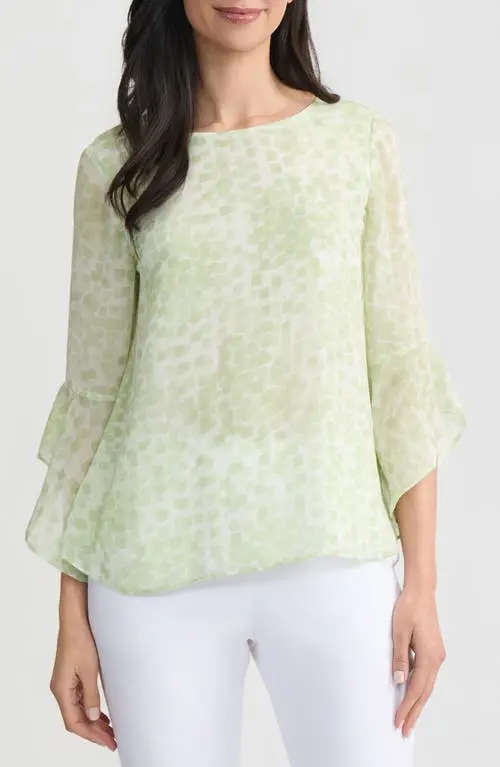 KASPER Printed Ruffle Sleeve Top - Celery Multi