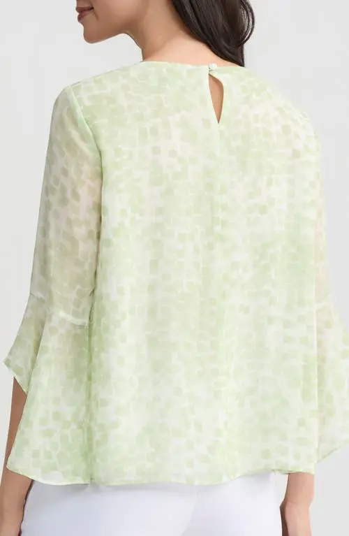 KASPER Printed Ruffle Sleeve Top - Celery Multi