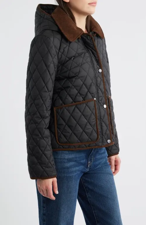 London Fog Water-resistant Quilted Coat With Corduroy Trim - Black