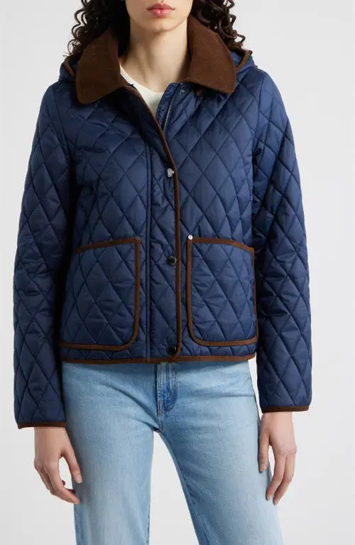 London Fog Water-resistant Quilted Coat With Corduroy Trim - Dark Navy