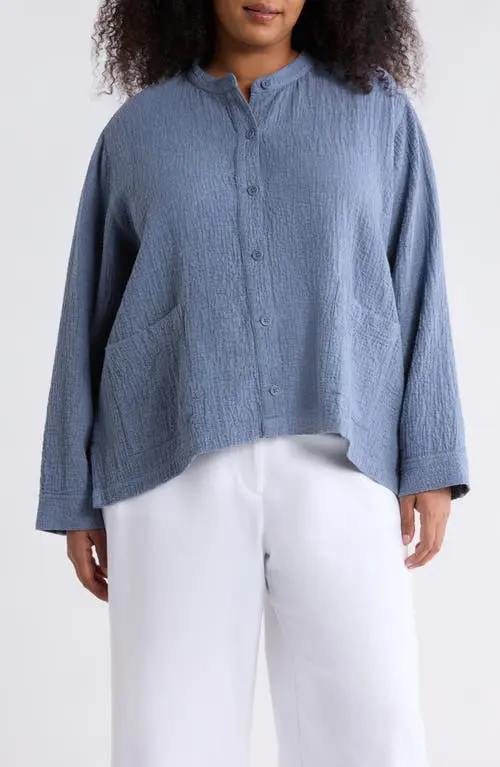 Eileen Fisher Organic Cotton Stretch Seersucker Shirt Jacket - Haze