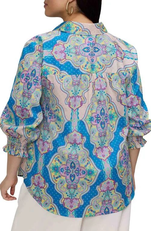 Foxcroft Olivia Paisley Smocked Cuff Cotton Button-up Shirt