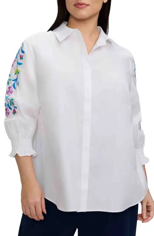 Foxcroft Embroidered Sleeve Cotton Blend Button-up Shirt