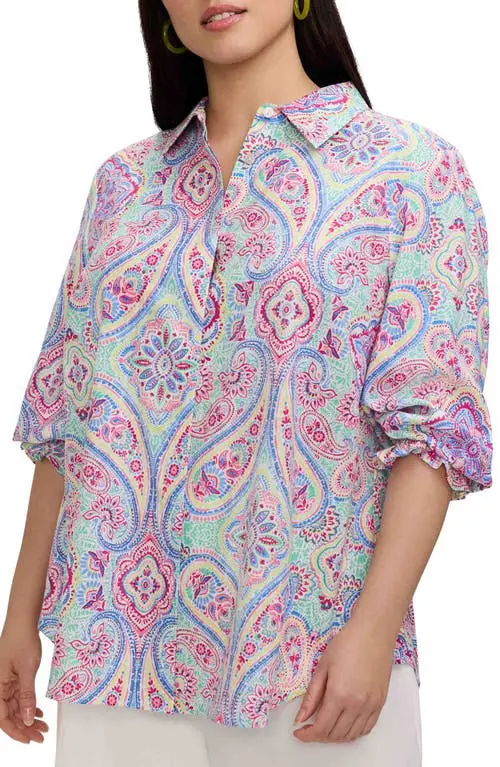 Foxcroft Olivia Paisley Smocked Cuff Linen Blend Button-up Shirt - Green/multi