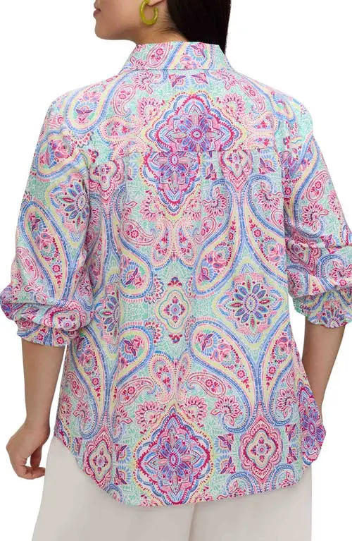 Foxcroft Olivia Paisley Smocked Cuff Linen Blend Button-up Shirt - Green/multi