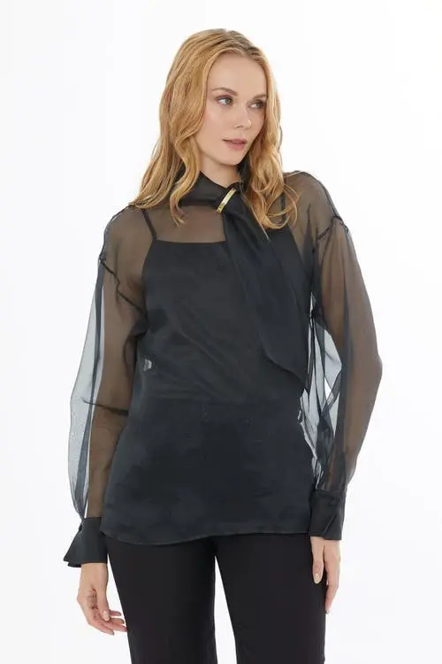 GIZIA High Neck Silk Blouse With Back Button