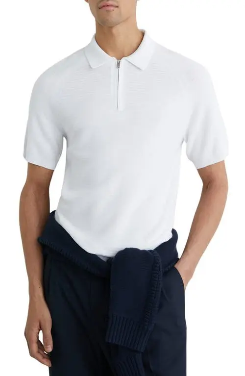 REISS Estate Textured Stitch Zip Polo - White