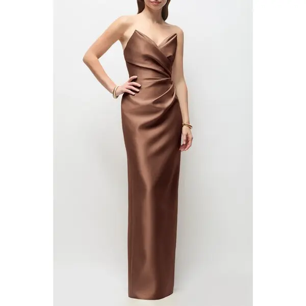 Alfred Sung Strapless Satin Column Gown - Cognac