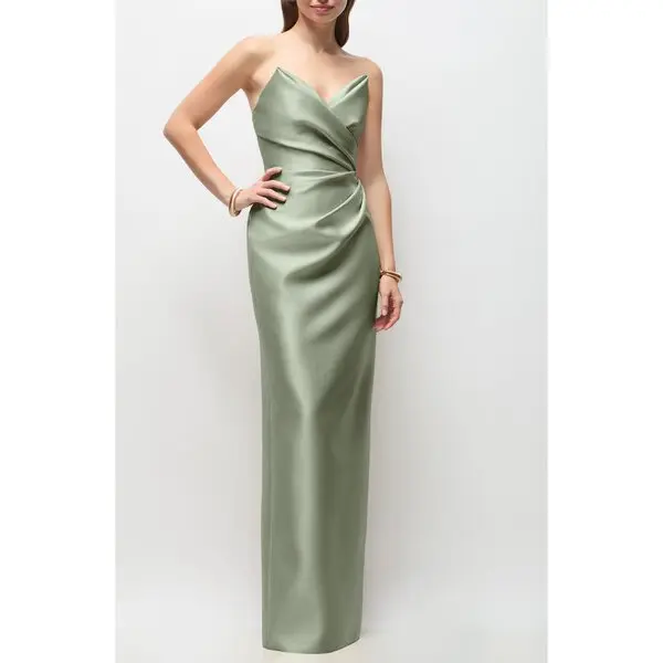 Alfred Sung Strapless Satin Column Gown - Sage