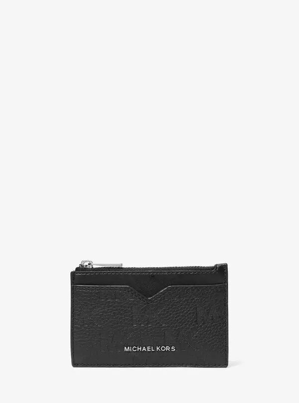 Michael Kors Hudson Logo Embossed Leather Card Case In By - Black