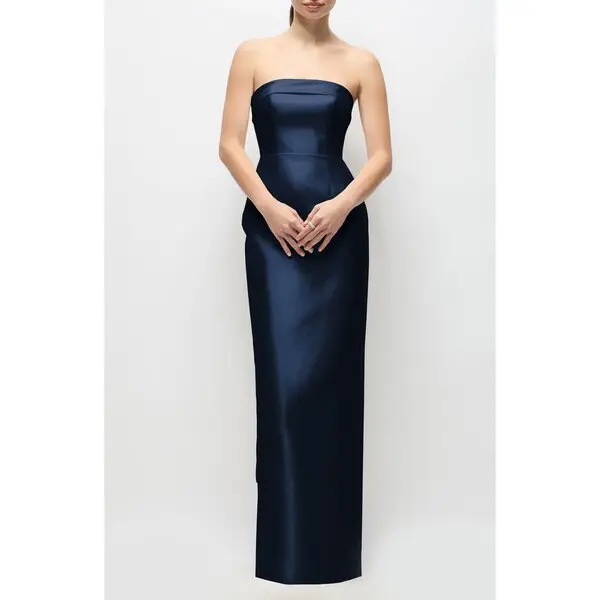 Alfred Sung Eliza Bow Back Strapless Satin Column Gown - Midnight