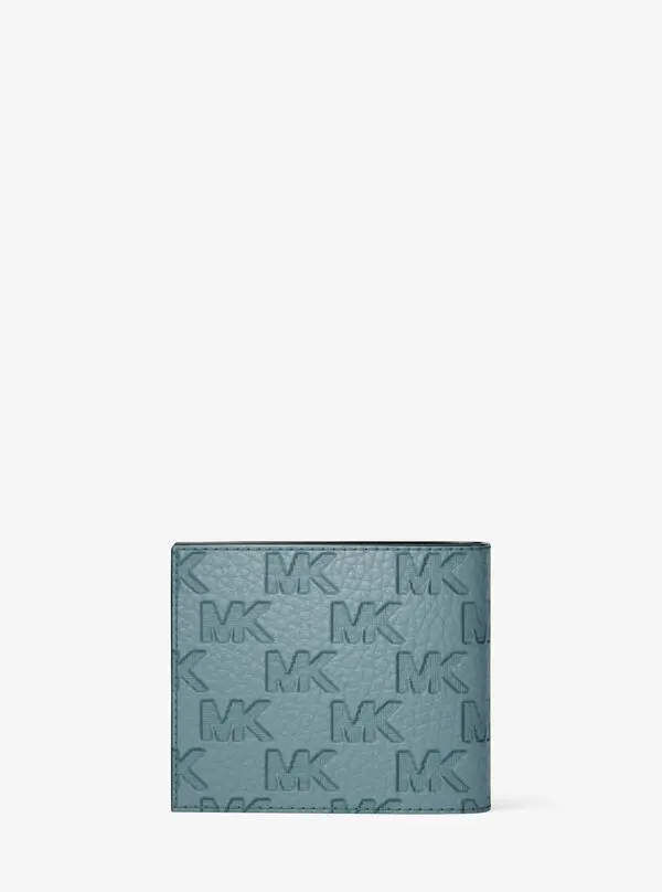 Michael Kors Hudson Logo Embossed Leather Billfold Wallet And Passcase In By - Blue