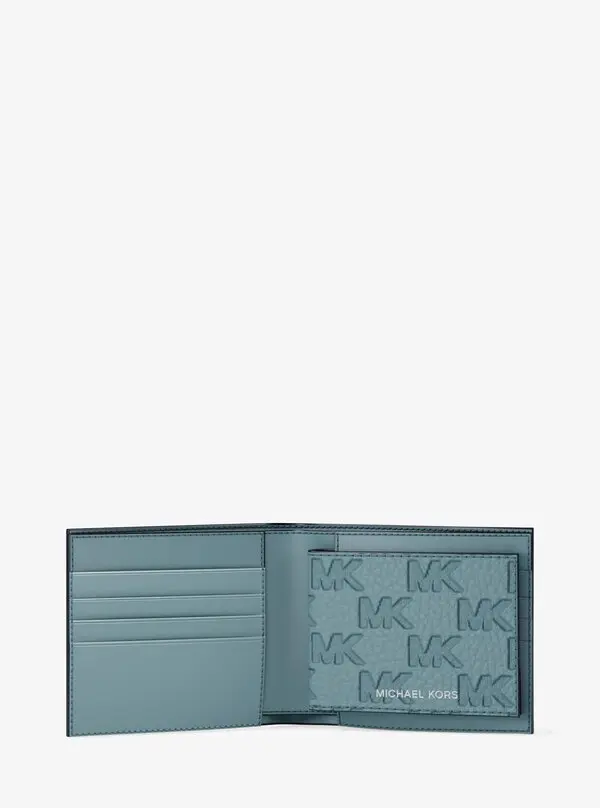 Michael Kors Hudson Logo Embossed Leather Billfold Wallet And Passcase In By - Blue