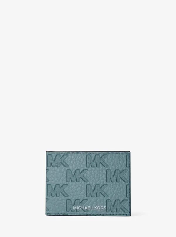 Michael Kors Hudson Logo Embossed Leather Billfold Wallet And Passcase In By - Blue