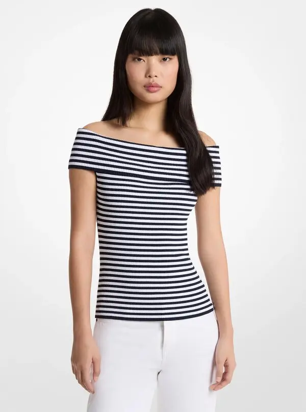 Michael Kors Striped Stretch Knit Off-the-shoulder Top