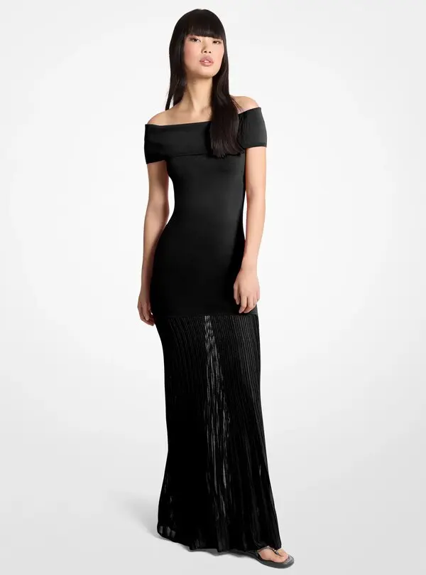 Michael Kors Pleated Stretch Knit Off-the-shoulder Maxi Dress - Black