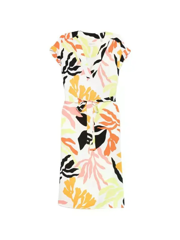 Gant Palm-print V-neck Midi Dress - Yellow