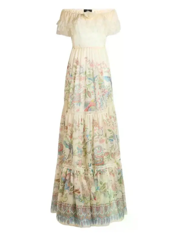 Etro Long Silk Chiffon Off-the-shoulder Dress With Flora And Fauna Print