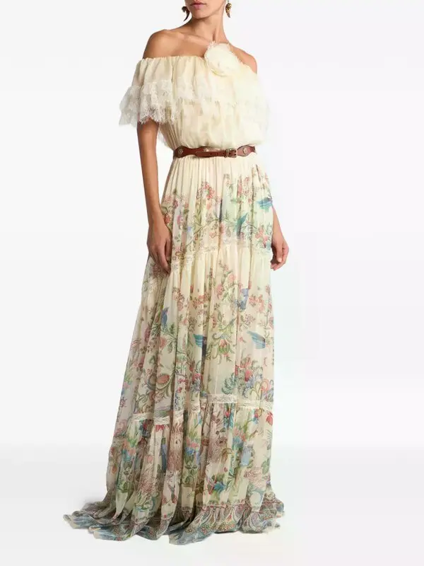 Etro Long Silk Chiffon Off-the-shoulder Dress With Flora And Fauna Print