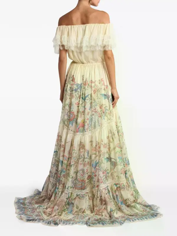 Etro Long Silk Chiffon Off-the-shoulder Dress With Flora And Fauna Print