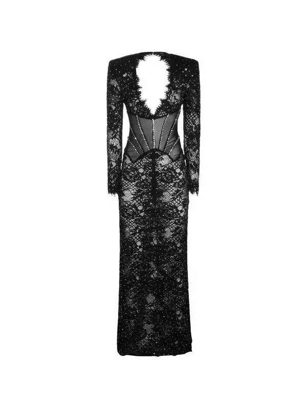 NISSA Crystal-embellished Lace Maxi Dress With V-neck And Long Sleeves