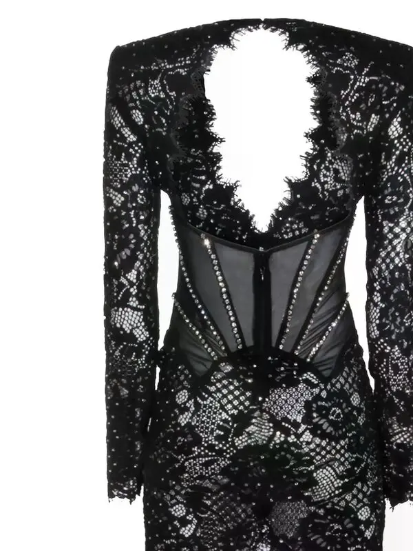NISSA Crystal-embellished Lace Maxi Dress With V-neck And Long Sleeves