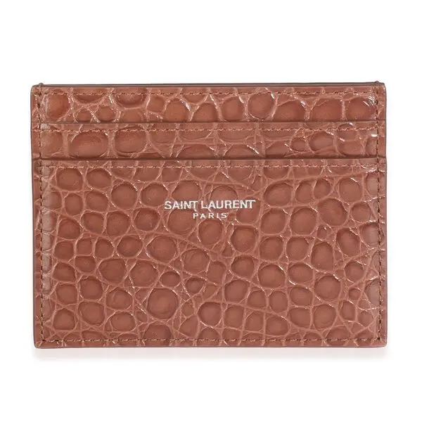 Saint Laurent Croc Embossed Calfskin Logo Card Holder - Brown
