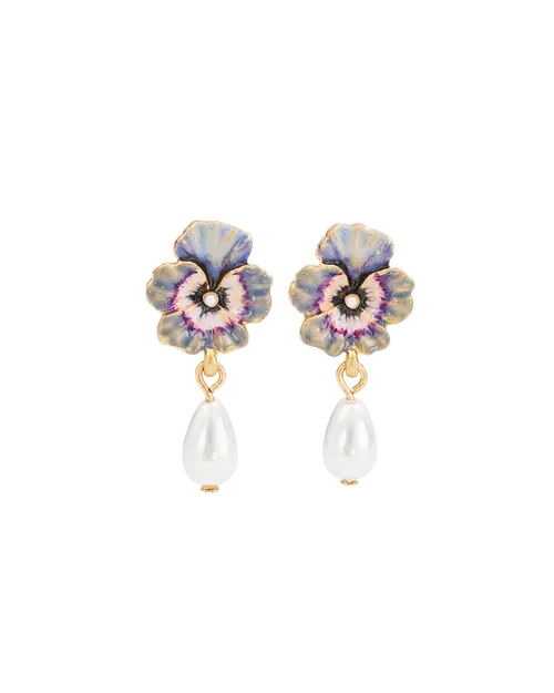 FABLE ENGLAND Pansy & Pearl Drop Stud Earrings - Gold