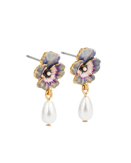 FABLE ENGLAND Pansy & Pearl Drop Stud Earrings
