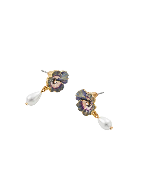 FABLE ENGLAND Pansy & Pearl Drop Stud Earrings