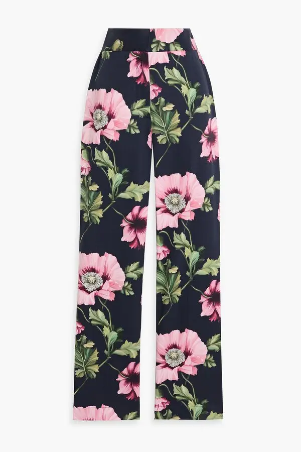 Oscar De La Renta Floral-print Cotton-blend Twill Straight-leg Pants - Midnight Blue