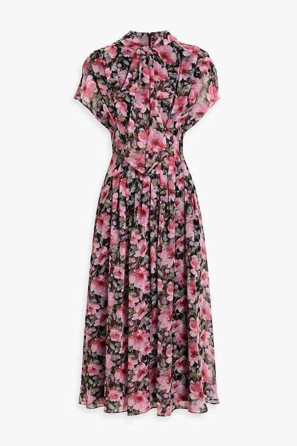 MIKAEL AGHAL Floral-print Crepe De Chine Midi Dress With Pussy-bow - Fuchsia